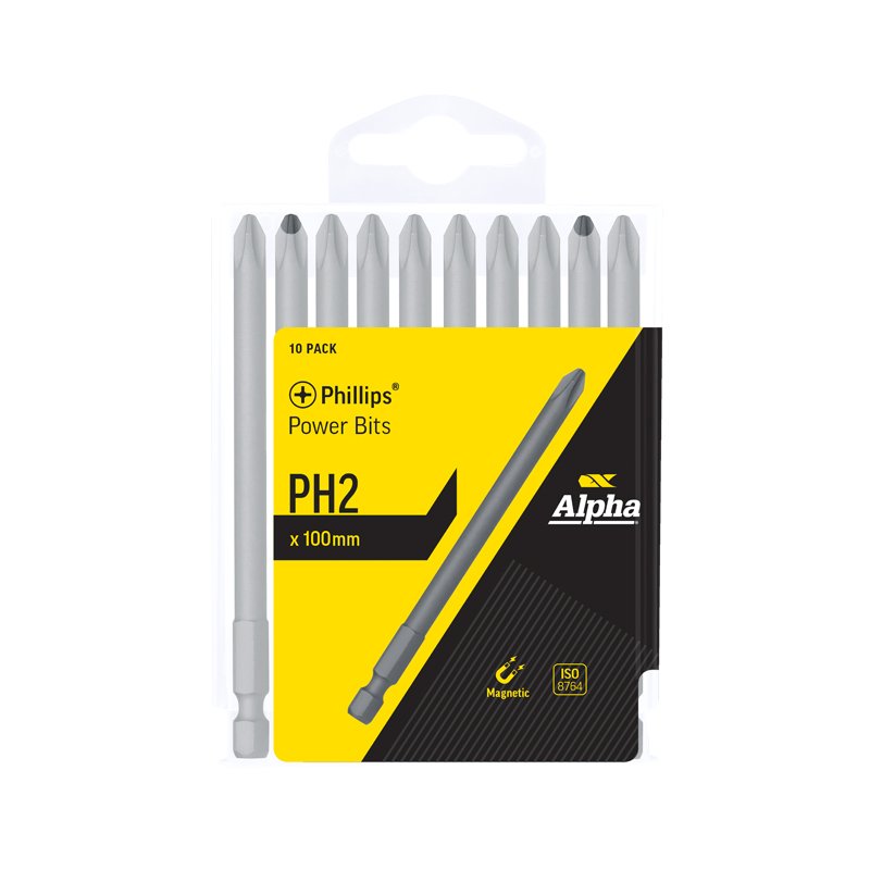 PH2 x 100mm Power Bits – Handipack (x10) - Alpha Tools