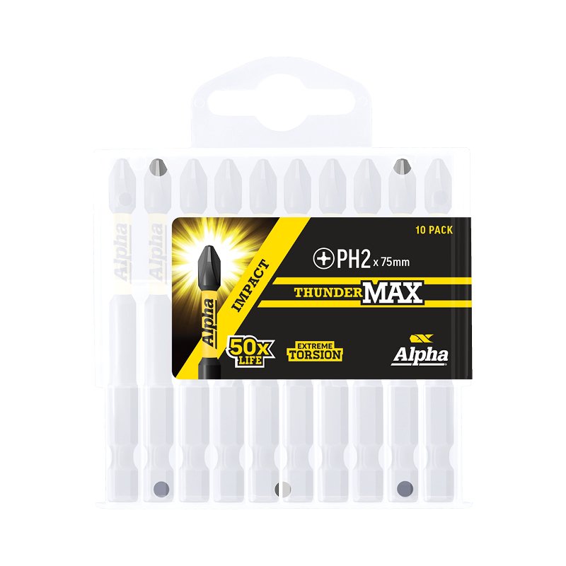 ThunderMax PH2 x 75mm Impact Power Bit- Handipack (x10) - Alpha Tools