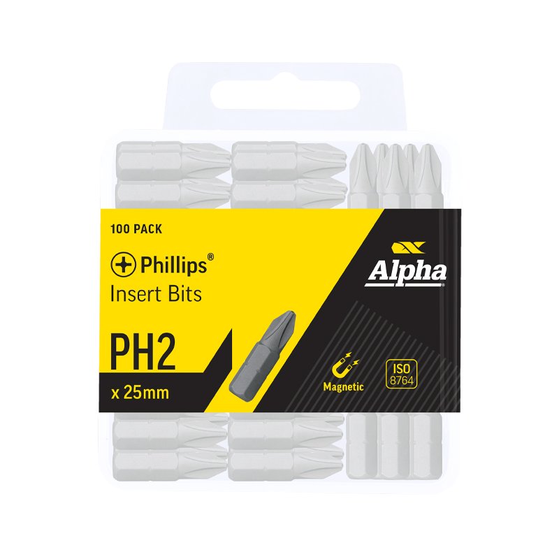 PH2 X 25mm Phillips Insert Bits – 100pcs Bulk Pack - Alpha Tools