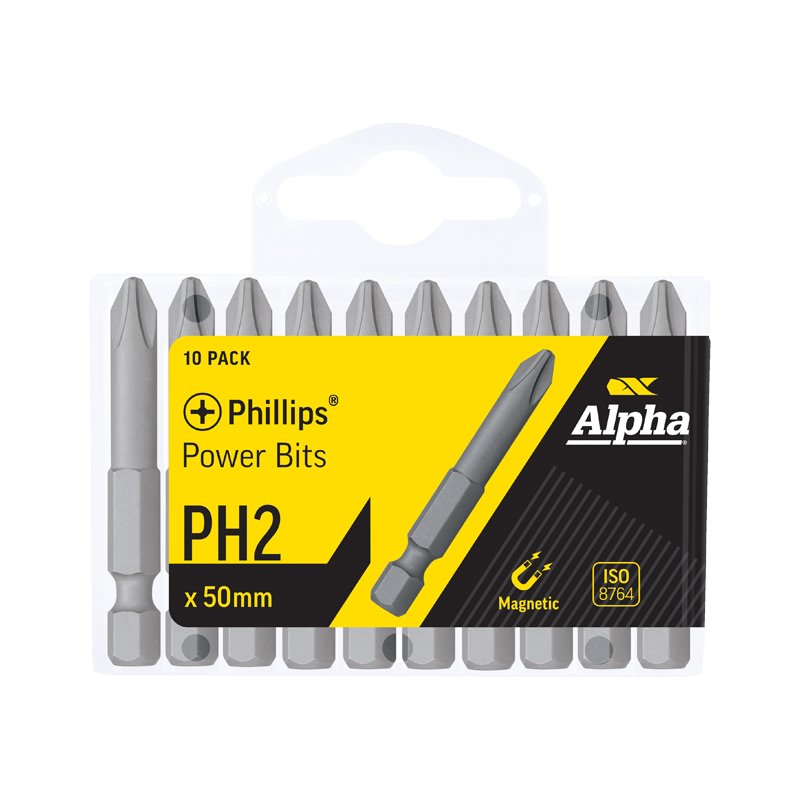 PH2 x 50mm Phillips Power Bit – Handipack (x10) - Alpha Tools