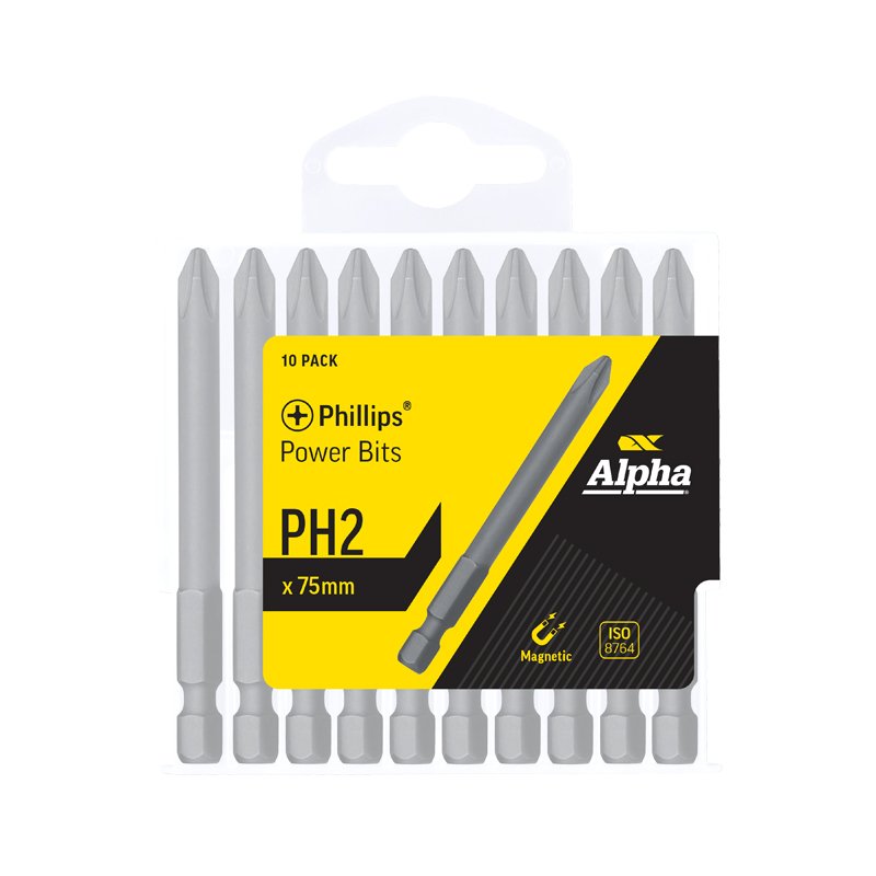 PH2 x 75mm Phillips Power Bit – Handipack (x10) - Alpha Tools